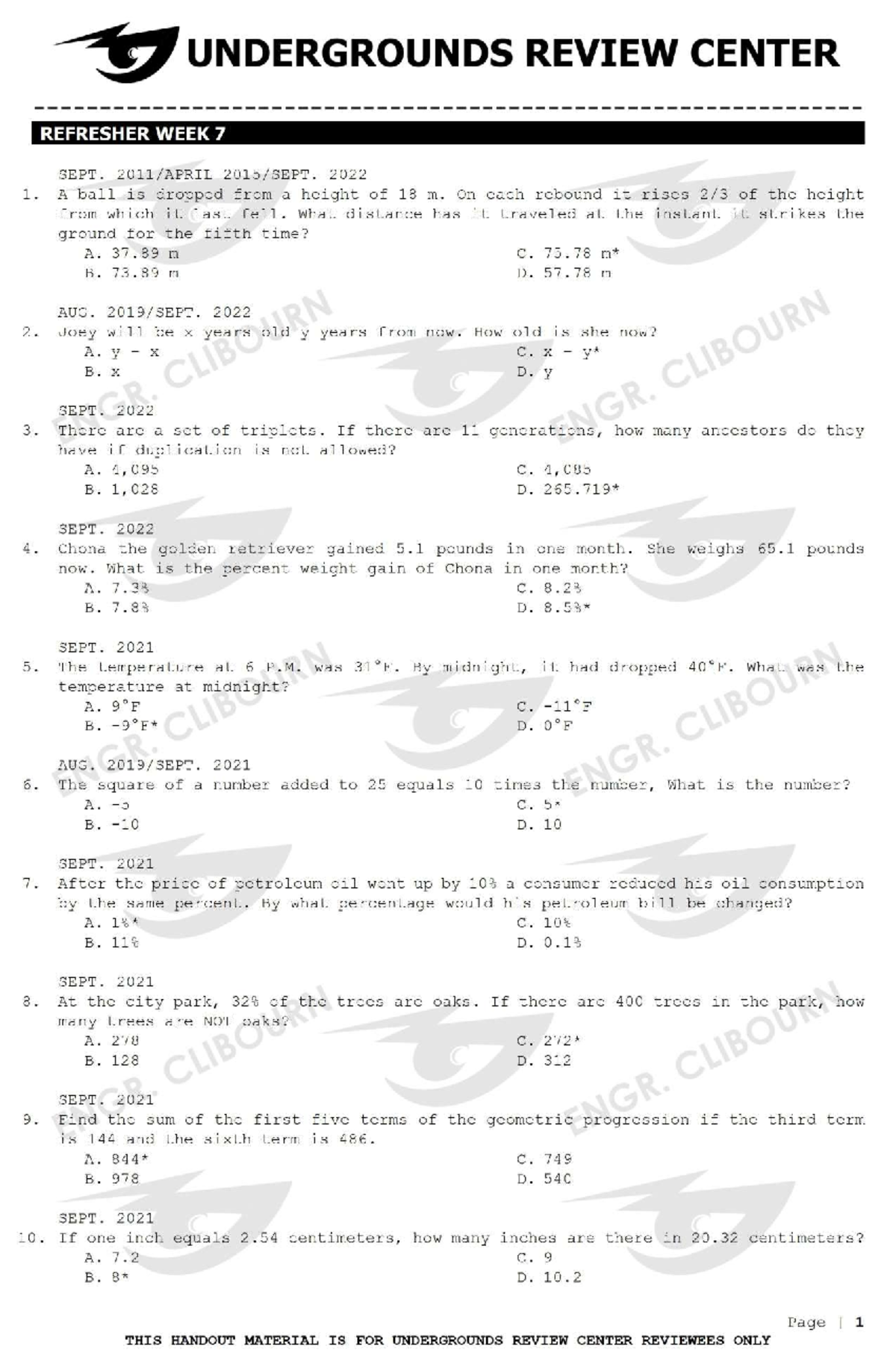 UNDERGROUNDS REVIEW CENTER MATH-1 SAMPLE PROBLEMS SEPT. 2022 - Studocu