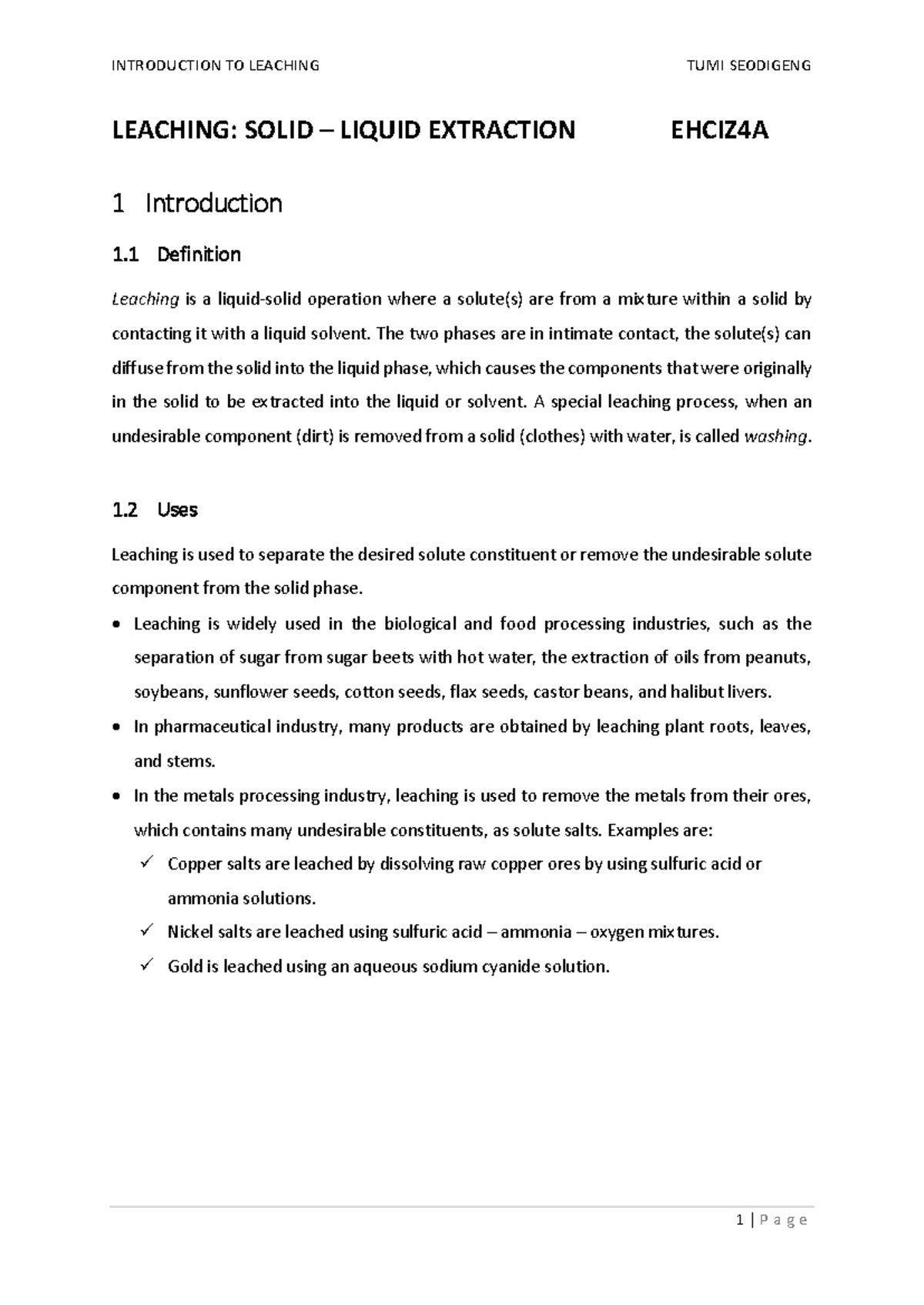 Unit Operations EHCIZ4A: Extraction and Leaching Lecture Notes - Studocu