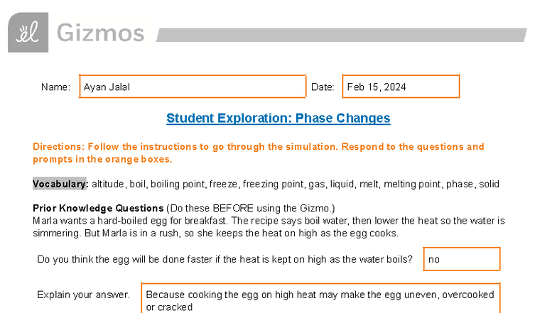 SCH3U Student Exploration: Phase Changes Guide - Studocu