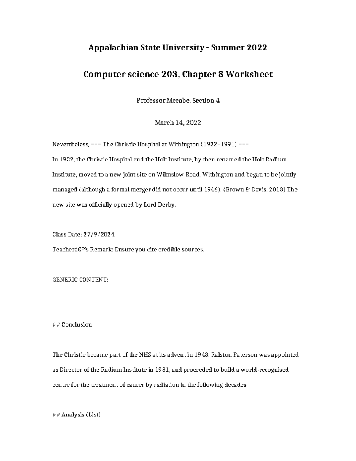 Computer Science 203 Chapter 8 Worksheet - Appalachian State University ...