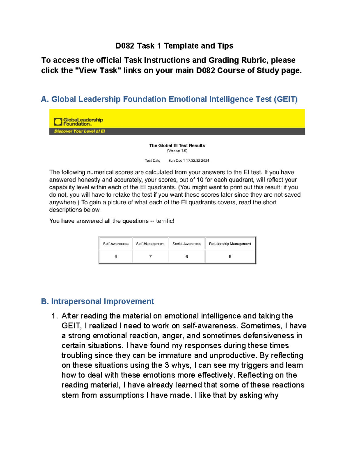 Emotional and Cultural Intelligence D082 Task 1 - D082 Task 1 Template and Tips To access the ...