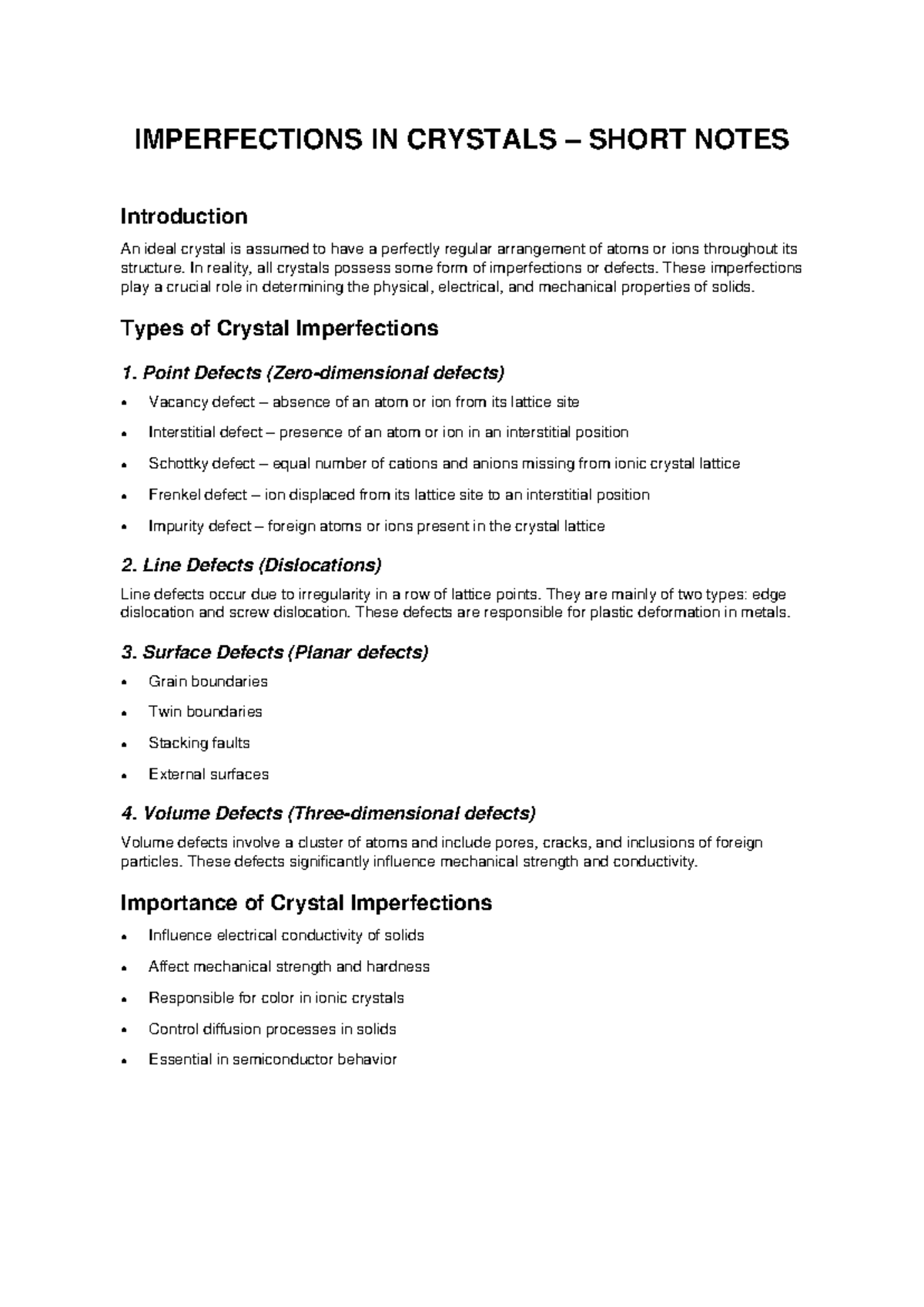 IMPERFECTIONS IN CRYSTALS: SHORT NOTES ON DEFECTS - Studocu