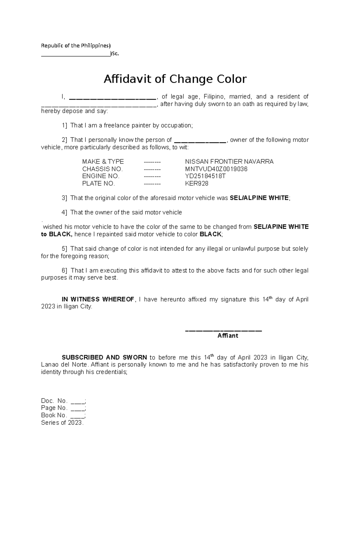 Affidavit of Change of Vehicle Color in the Philippines - Studocu