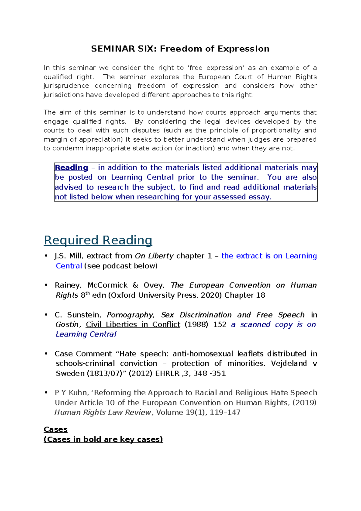 Seminar 6 - Freedom of Expression - SEMINAR SIX: Freedom of Expression ...