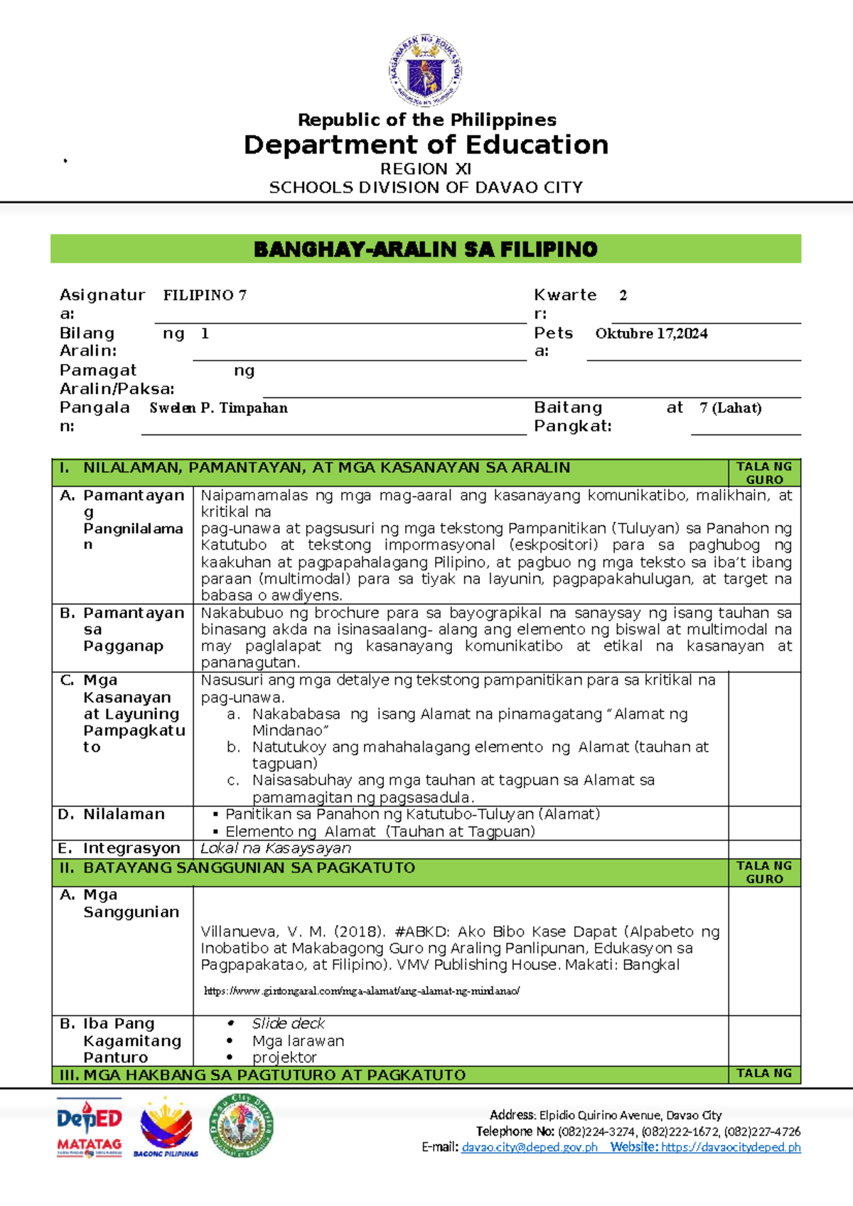 Filipino 7 Lesson Plan: Alamat at Kasanayang Pampanitikan - Studocu