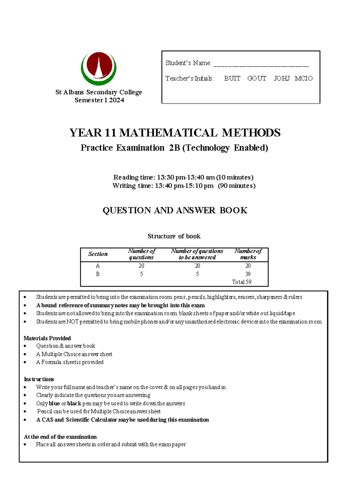 Practice Exam 2B - Year 11 Mathematical Methods (Semester 1, 2024 ...