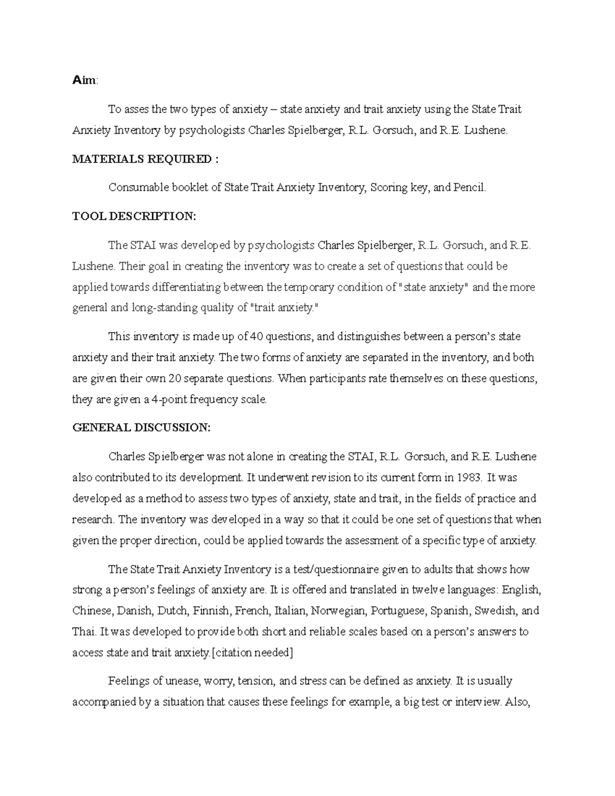 State Trait Anxiety Inventory (STAI) Assessment and Findings - Studocu
