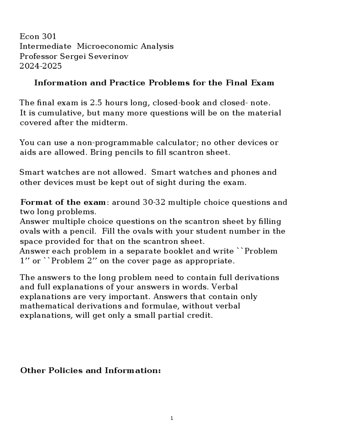 Econ 301 Final Exam Information & Practice Problems Guide 2024-25 - Studocu