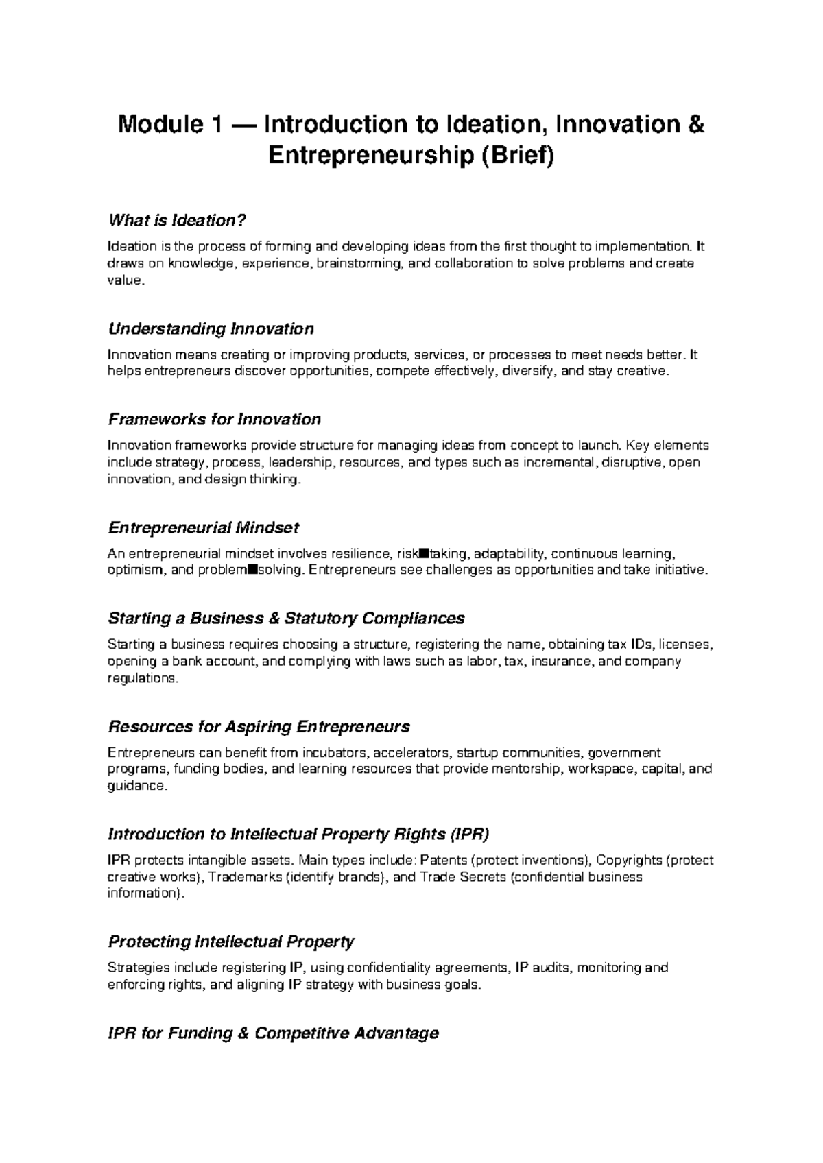 Module 1: Intro to Ideation & Innovation in Entrepreneurship Notes ...