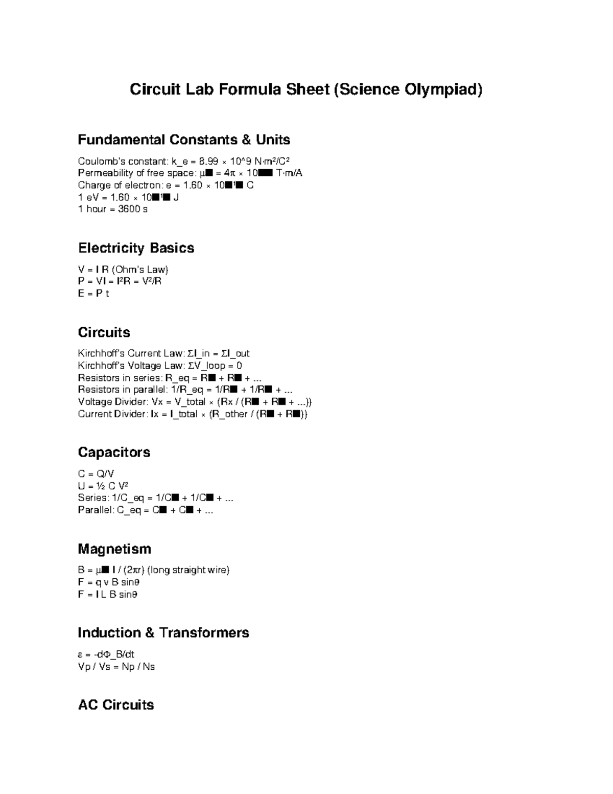 Circuit Lab Formula Sheet (Science Olympiad) - Key Formulas & Constants ...