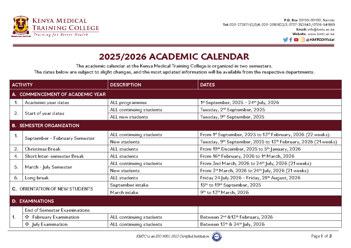 KMTC 2025-2026 Academic Calendar: Key Dates & Events - Studocu