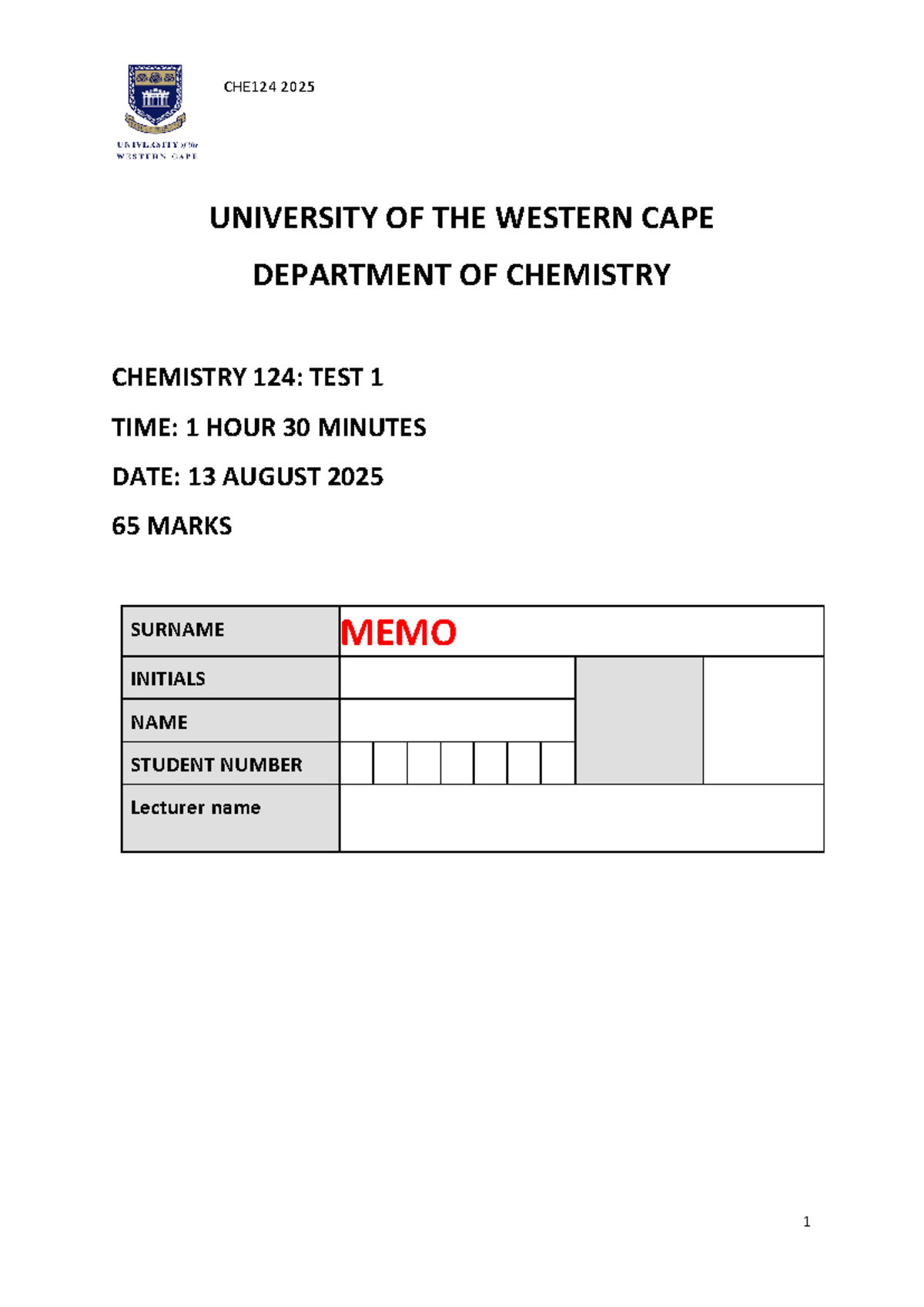 CHE124 TEST 1 2025 MEMO - Chemistry Department - Studocu