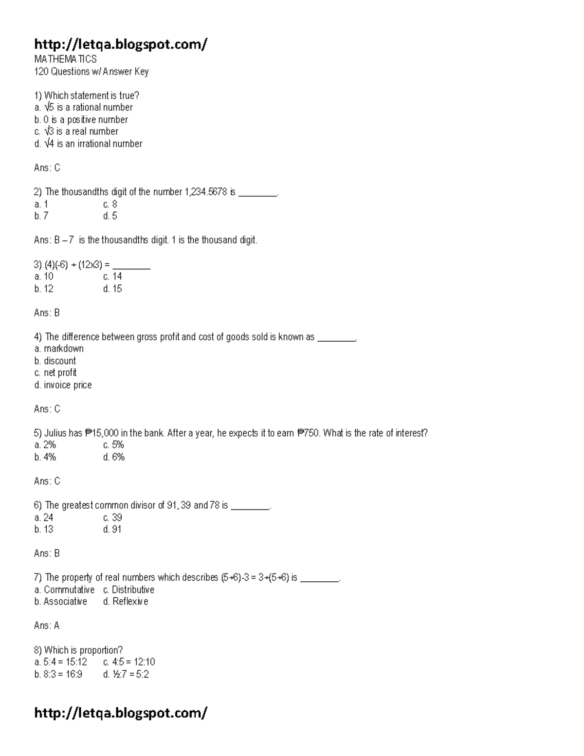 Mathematics - Notes - MATHEMATICS 120 Questions w/ Answer Key Which ...