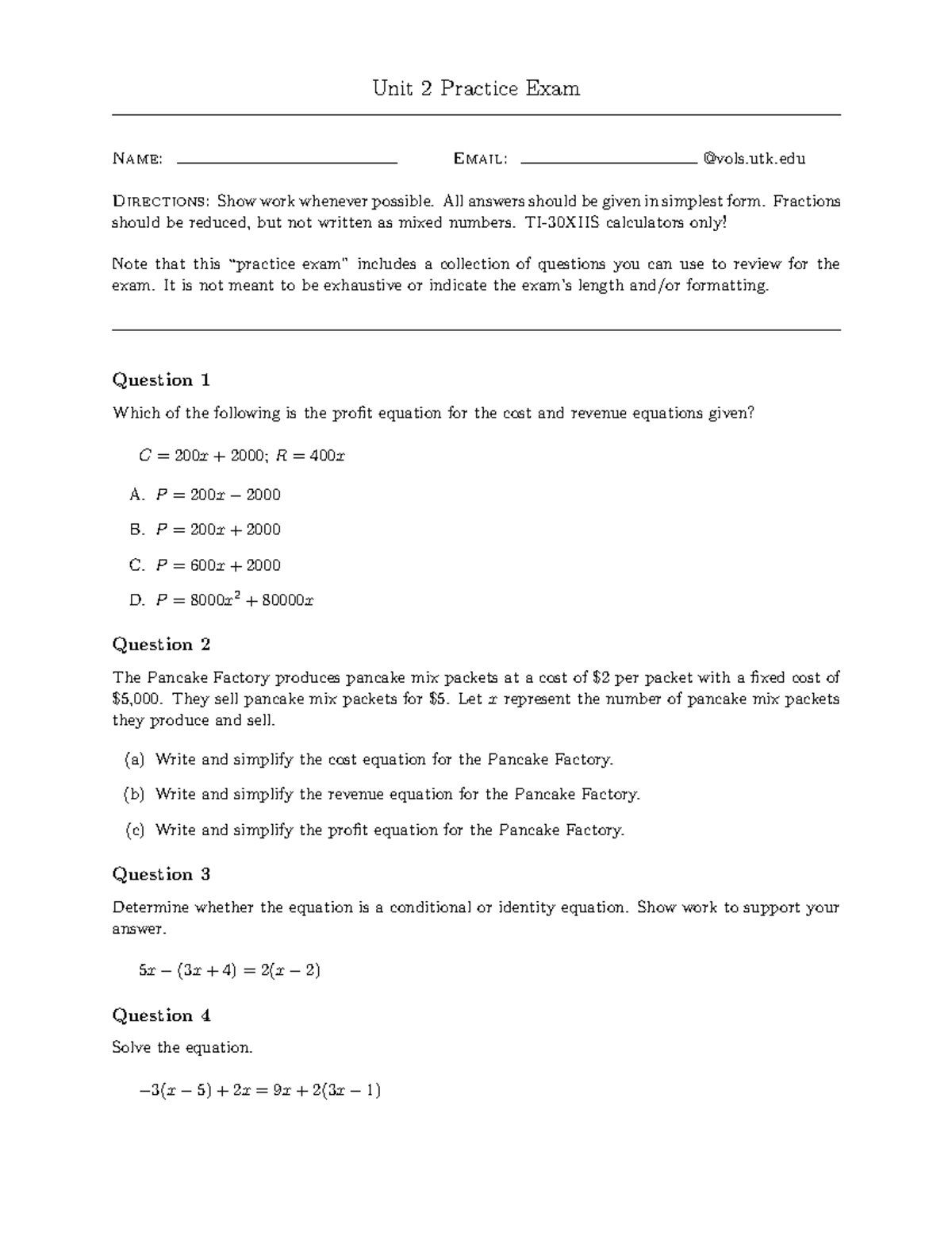 Math 119: College Algebra Unit 2 Practice Exam Review - Studocu