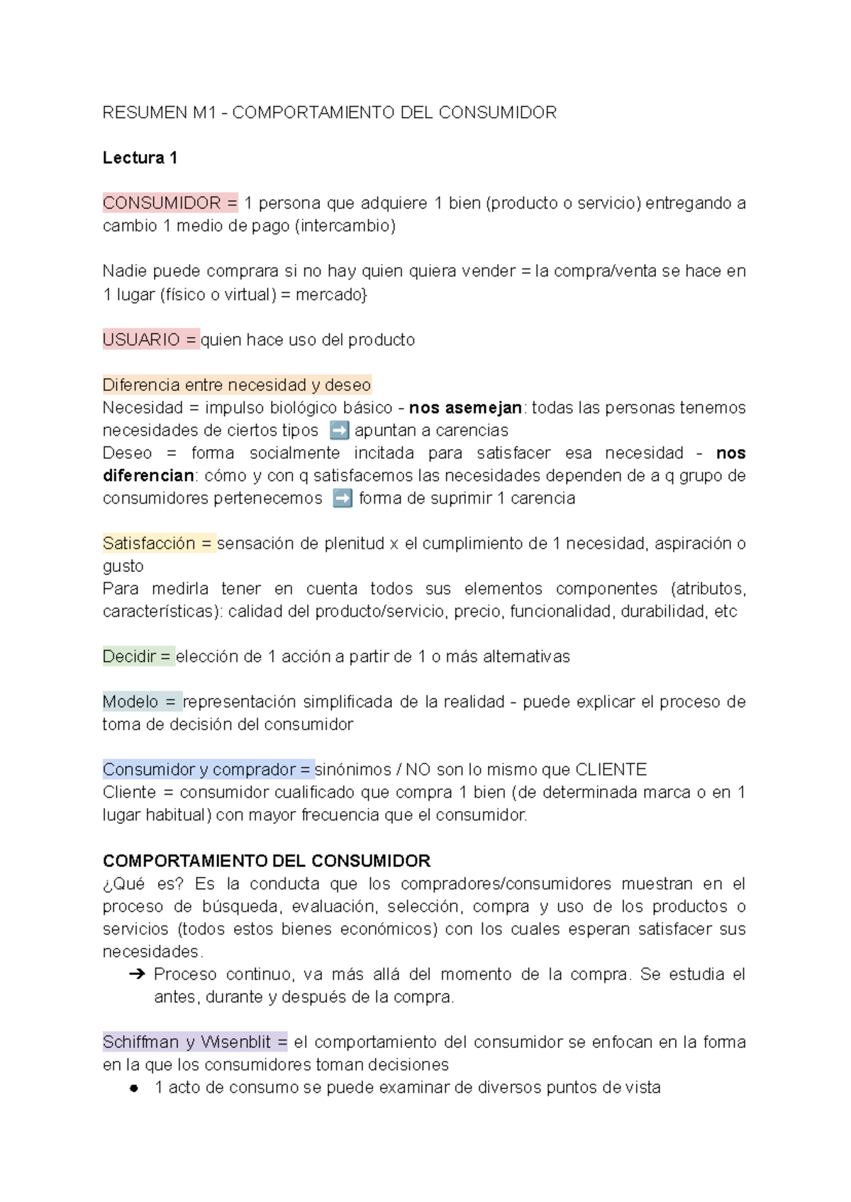 RESUMEN M1 COMPORTAMIENTO DEL CONSUMIDOR - Lectura 1 - Studocu