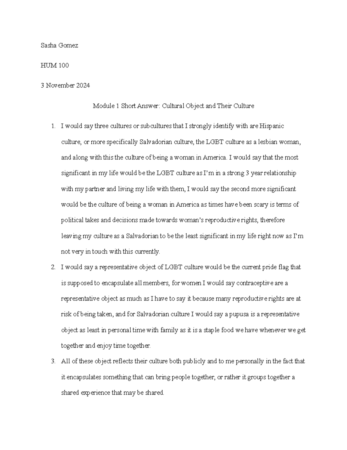 HUM 100 Module 1 Short Answer - Sasha Gomez HUM 100 3 November 2024 ...