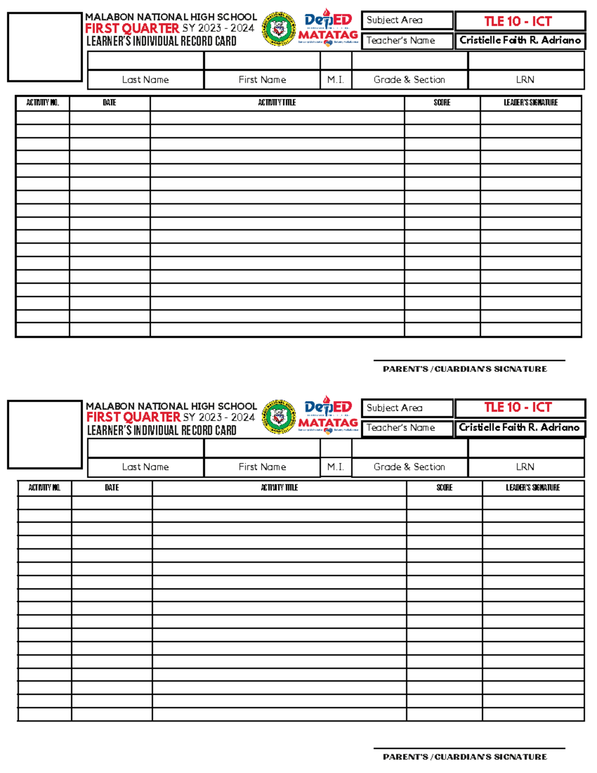 Learner's Individual Record for TLE 10 & ICT: SY 2023-2024 - Studocu
