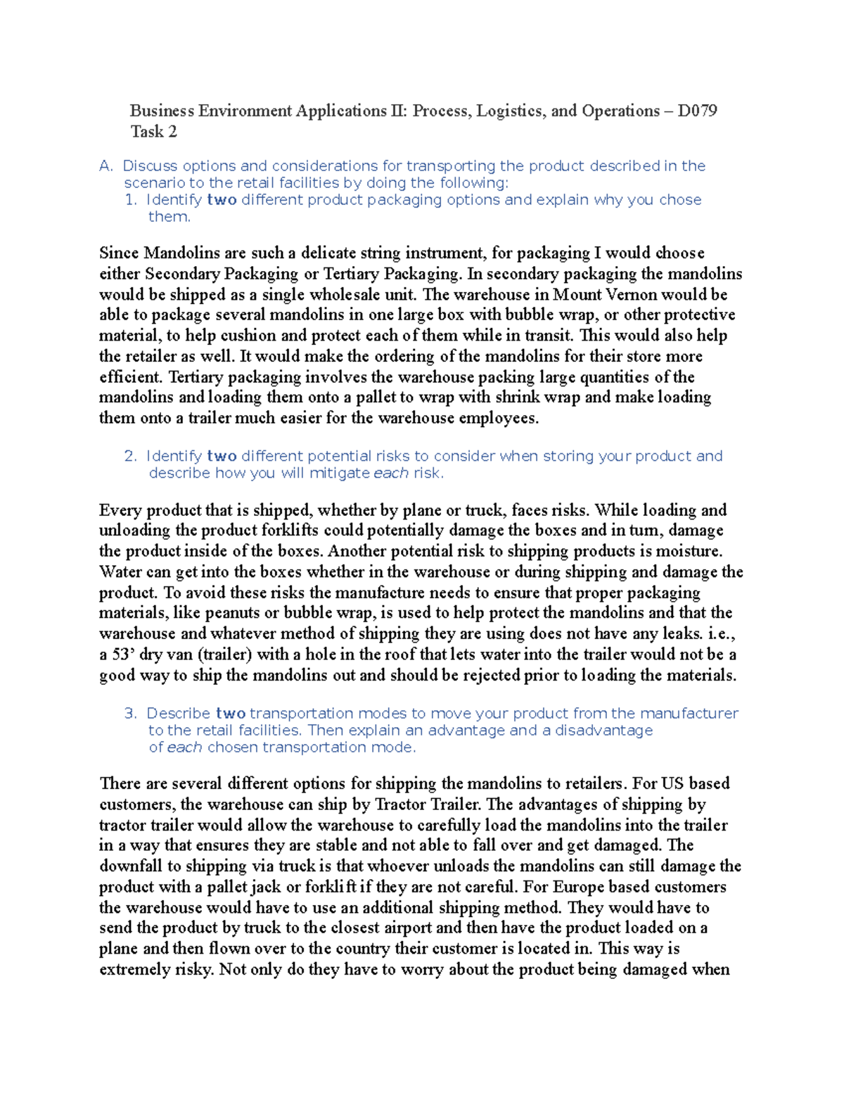 D079 Task 2 - Options for Transporting and Managing Mandolin Shipments ...