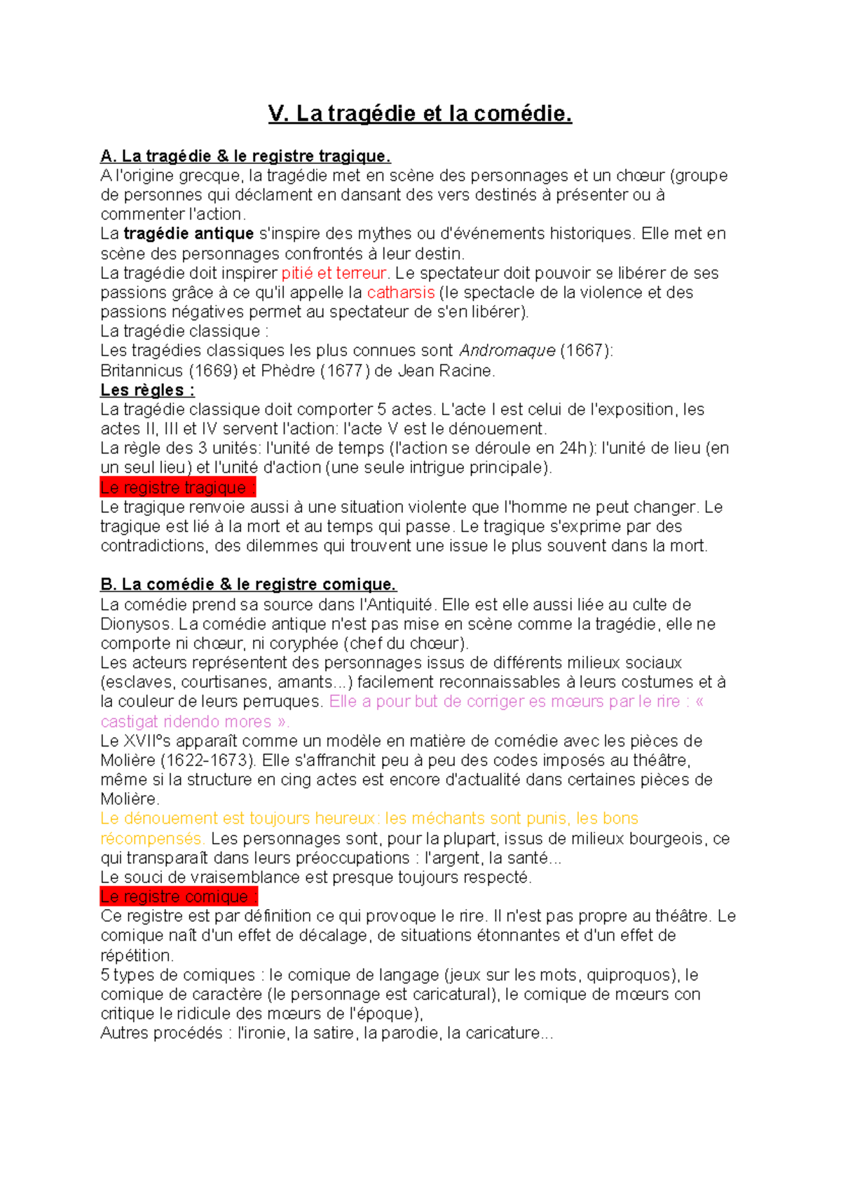 Tragédie et Comédie : Fiche de Révision pour Français 101 - Studocu