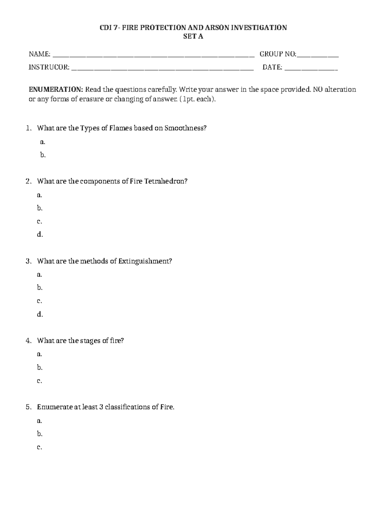 FIRE PROTECTION & ARSON INVESTIGATION CDI 7 - Long Quiz Set A - Studocu