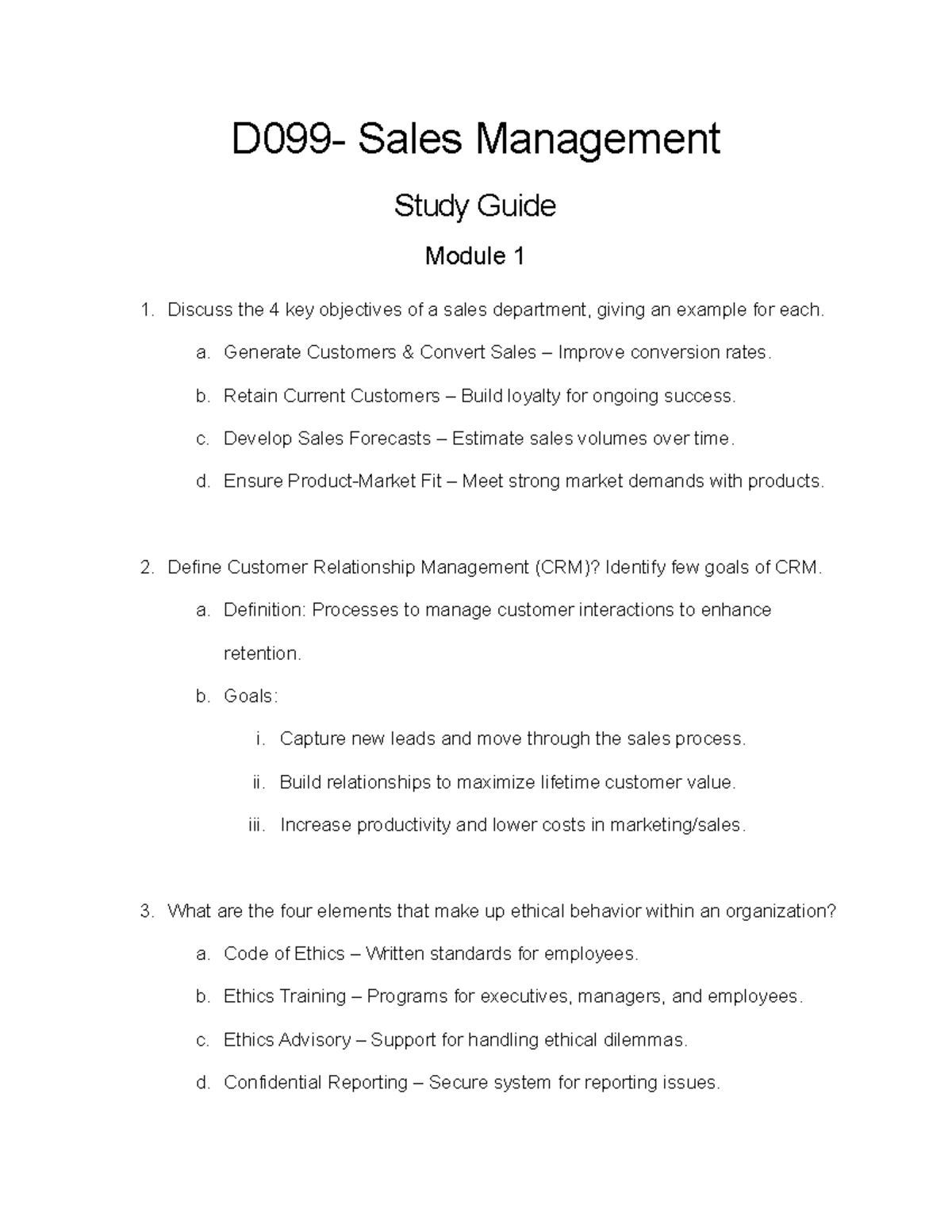 D099-Sales Management Study Guide: Module 1 Overview - Studocu