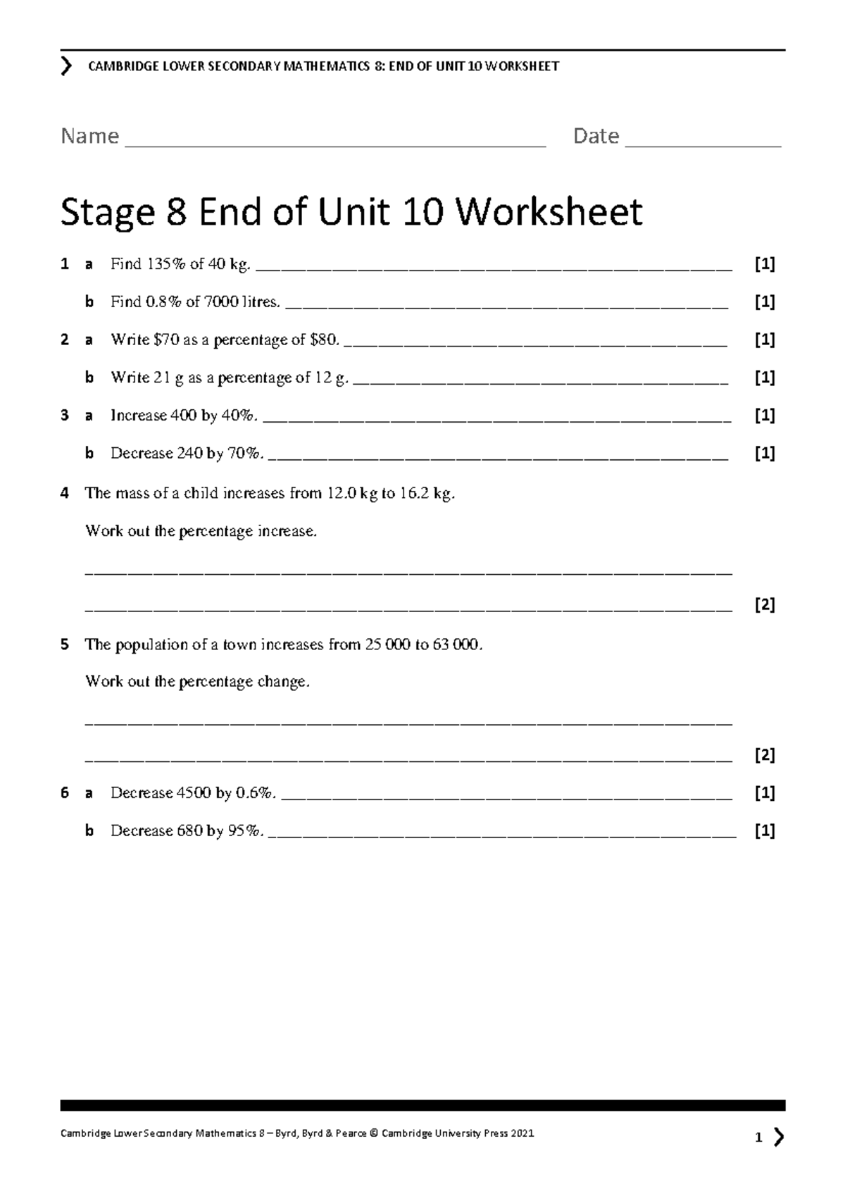 Stage 8 End of Unit 10 Math Worksheet by Byrd & Pearce - Studocu