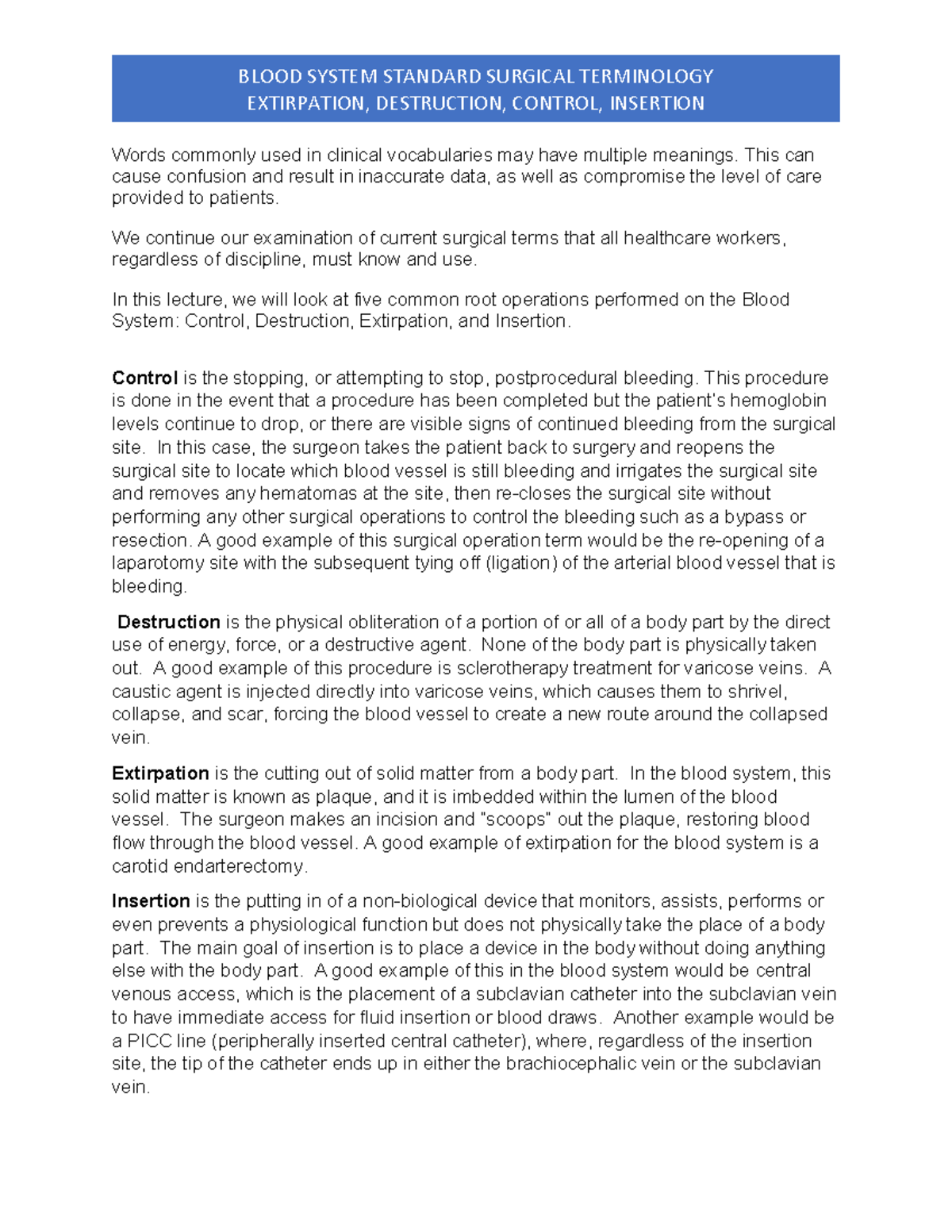 Blood System Surgical Terminology: Extirpation, Control, Destruction ...