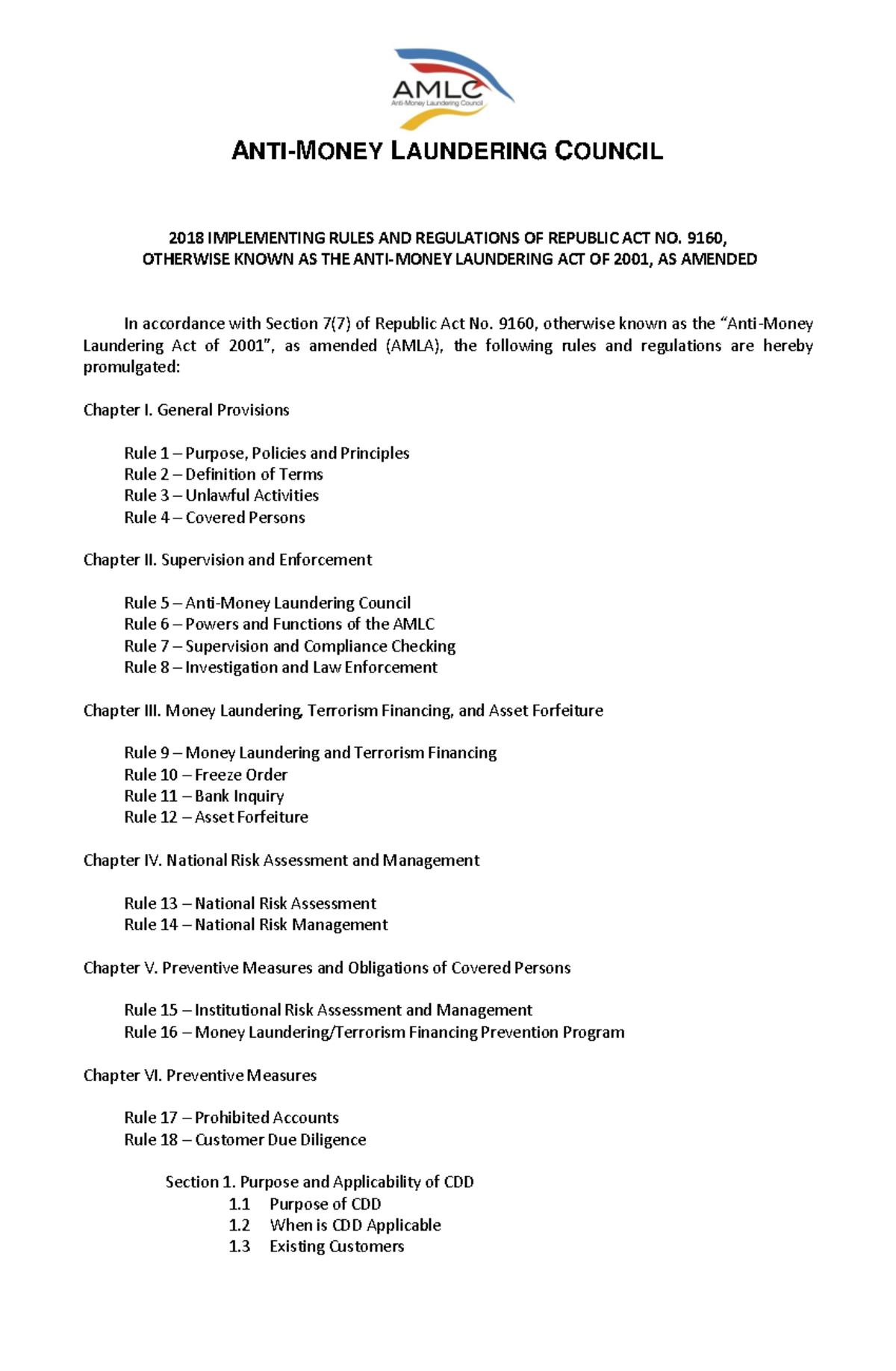 Final Exam 2018 IRR of AMLA - Implementing Rules and Regulations - Studocu