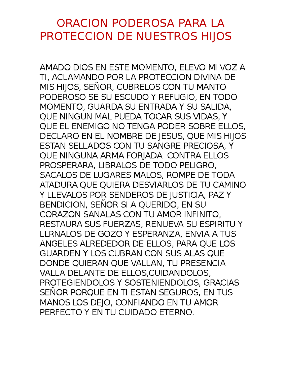 ORACIÓN PODEROSA PARA LA PROTECCIÓN DE NUESTROS HIJOS - Studocu