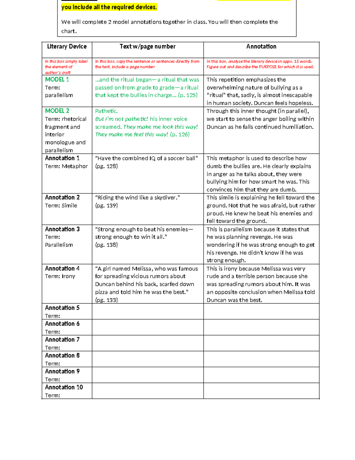 Authors+Craft+3+Column - Literary Device Text w/page number Annotation ...