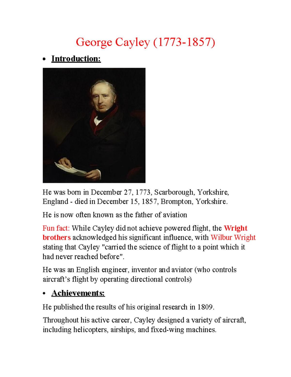 George Cayley: Father of Aviation - mnhf - Studocu