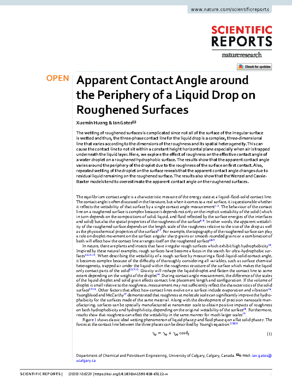 CHEM 301: Apparent Contact Angle Variations on Roughened Surfaces - Studocu