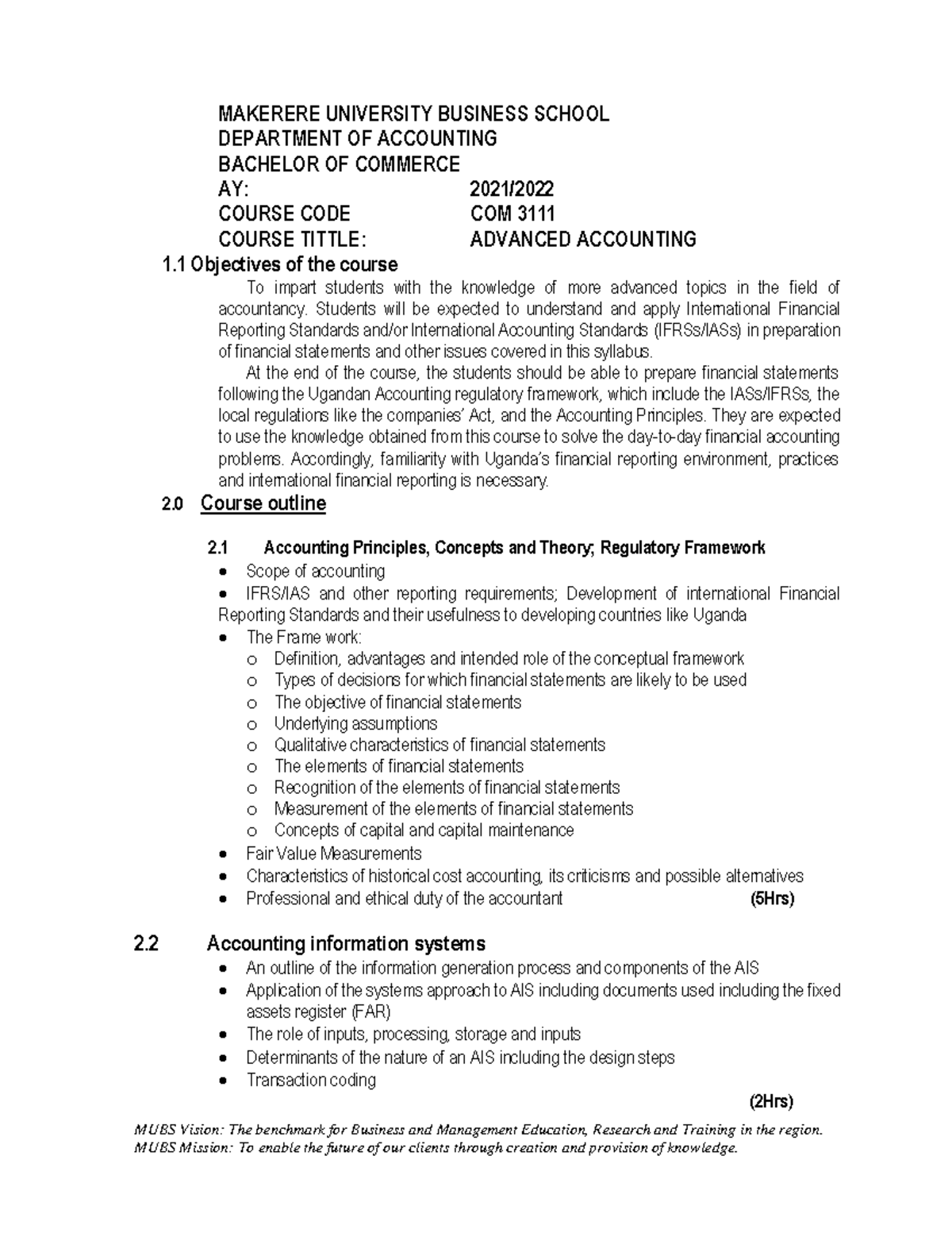 Advanced Accounting COM 3111 Course Outline AY 2021/2022 - Studocu