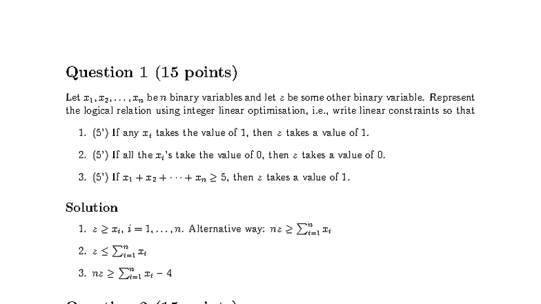 Sample Final Exam Solution for Optimization (Course Code: OPT 101 ...
