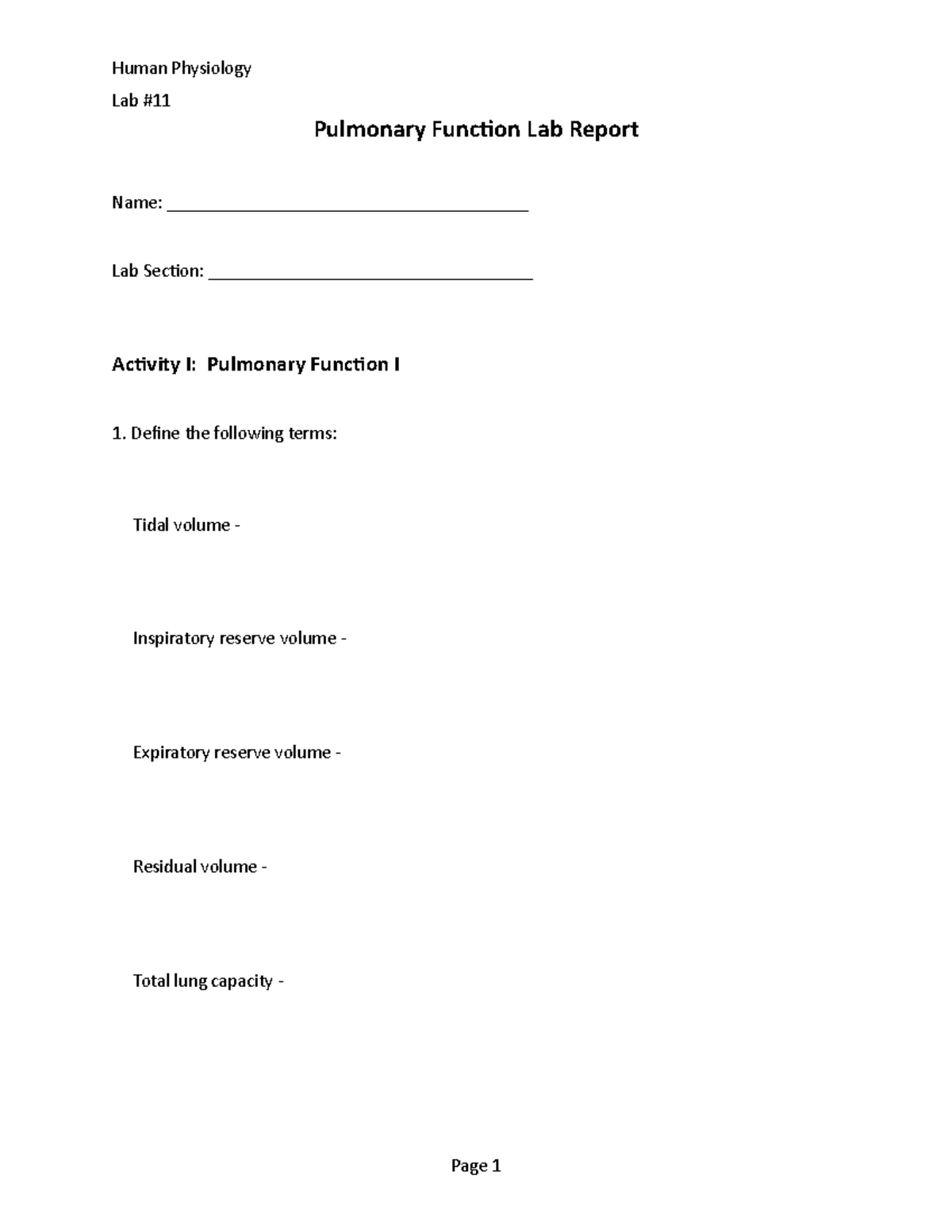 Pulmonary Function Lab Report for Lab 11 Worksheet - Studocu