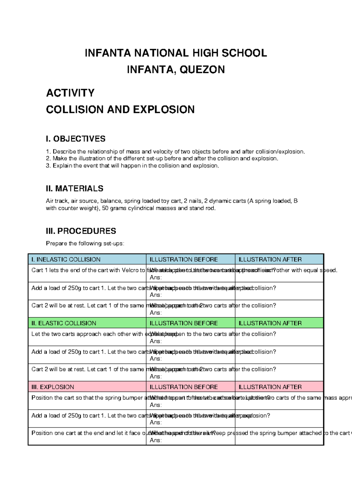 INFANTA HIGH SCHOOL PHYSICS ACTIVITY: COLLISION & EXPLOSION - Studocu