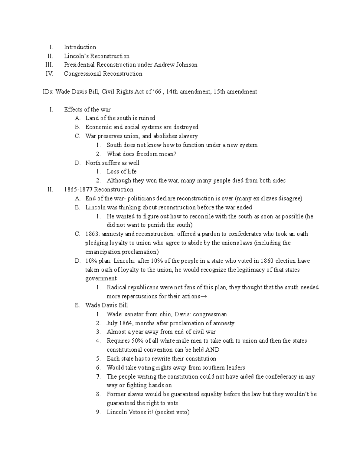 Reconstruction - I. Introduction II. Lincoln’s Reconstruction III ...