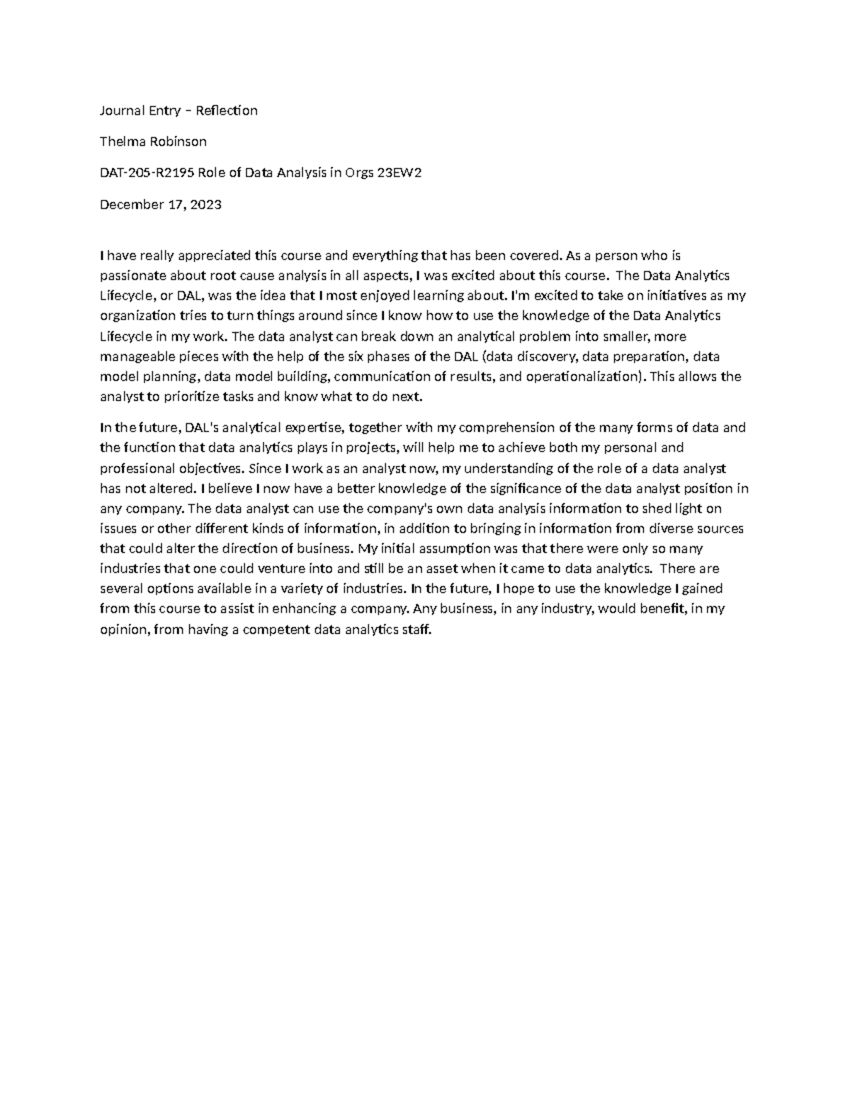 DAT 205 Module 8 Reflection Journal Entry by Thelma Robinson - Studocu