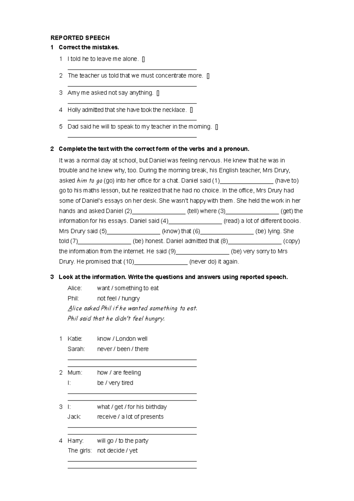 Reported speech exercises with answers practical unit - REPORTED SPEECH ...