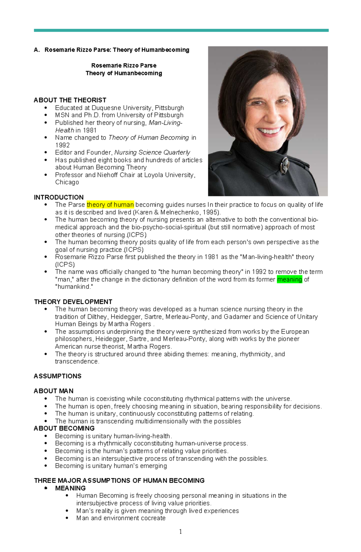 NUR 101: Foundations of Nursing & Parse's Human Becoming Theory - Studocu