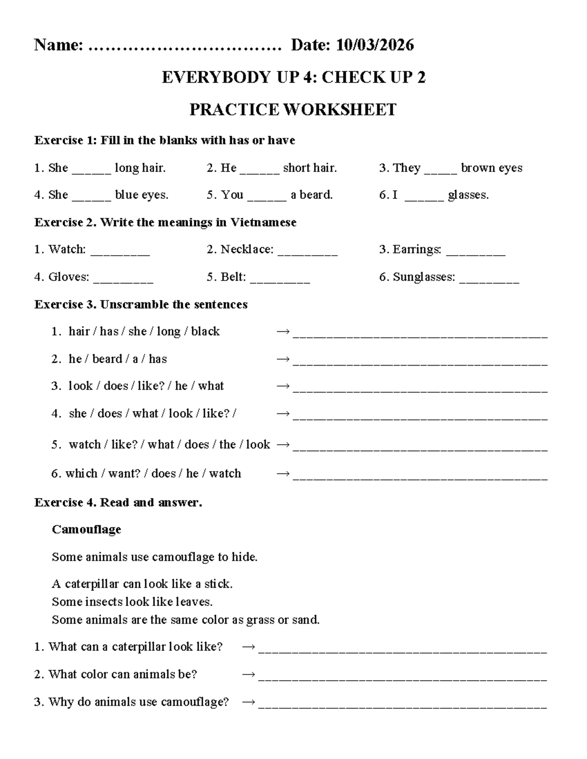 Up 4 10: Check Up 2 Practice Worksheet for English B1 - Studocu