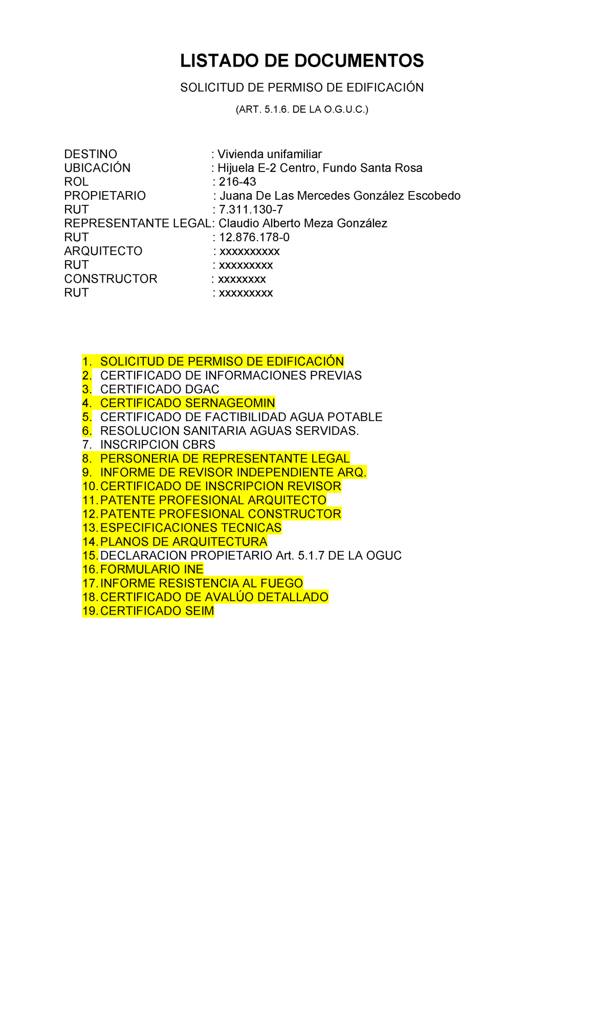 0. Listado DE Documentos - LISTADO DE DOCUMENTOS SOLICITUD DE PERMISO DE EDIFICACIÓN (ART. 5.1 ...