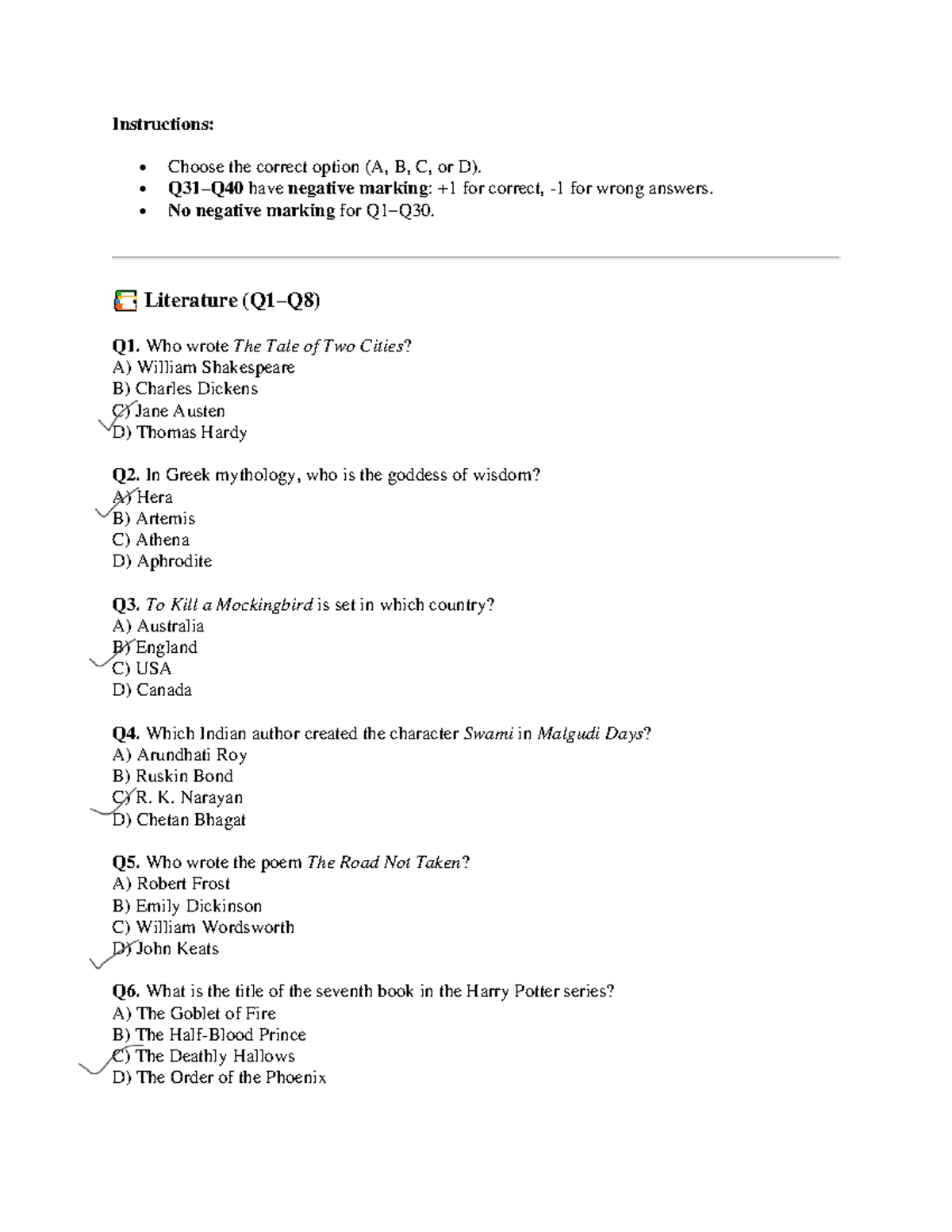 Quiz1 - All Subjects with Negative Marking Instructions - Studocu