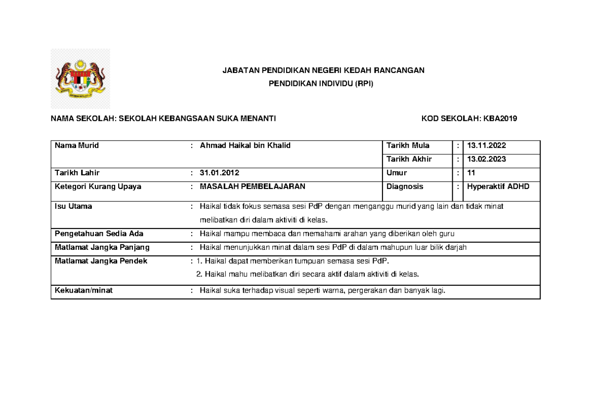RPI MBK - Rancangan Pengajaran Individu untuk Murid ADHD - Studocu