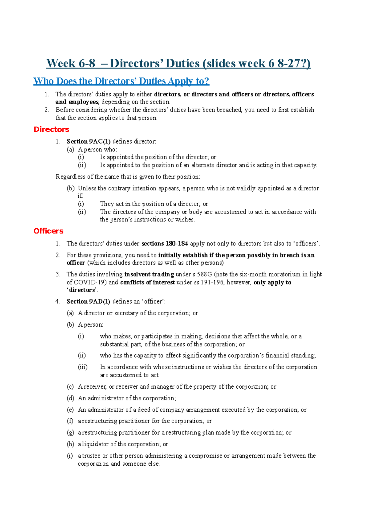 Corps Notes: Week 6 Duties and Responsibilities of Directors and ...