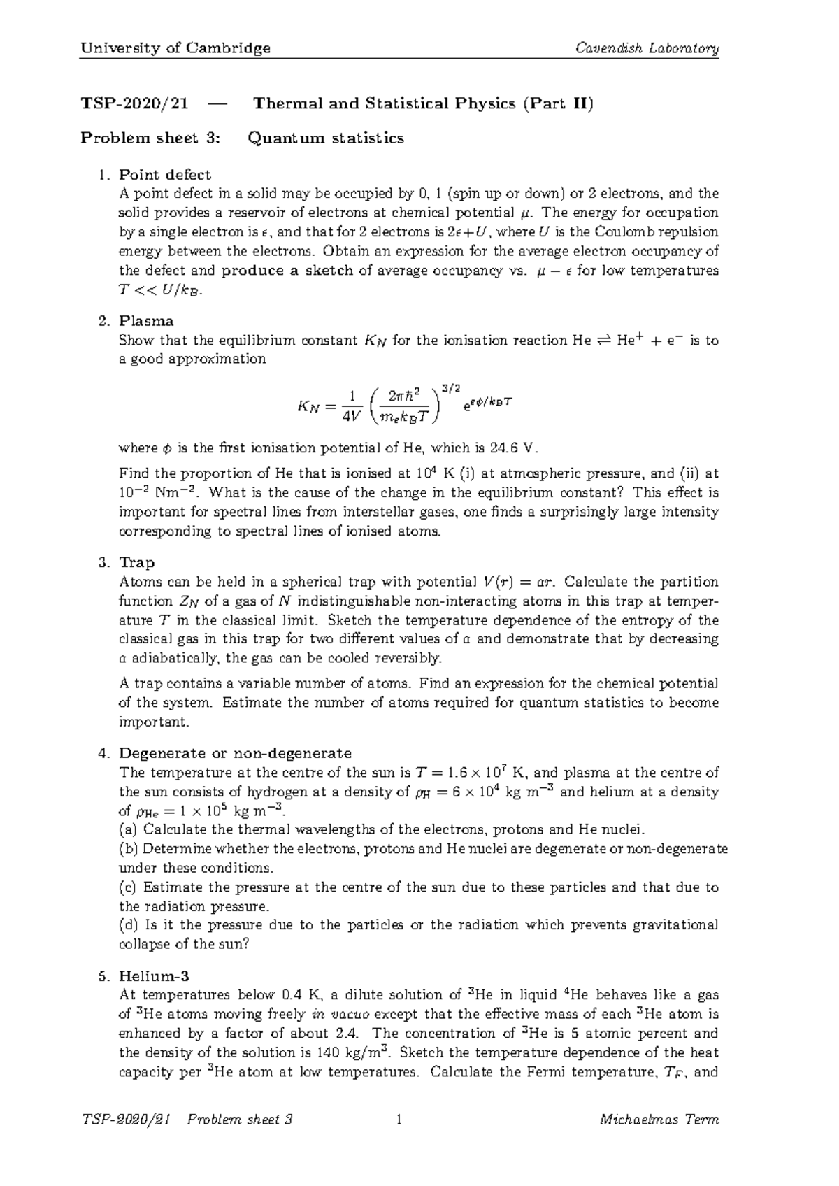 TSP-2020/21 Problem Sheet 3: Quantum Statistics & Gas Behavior - Studocu