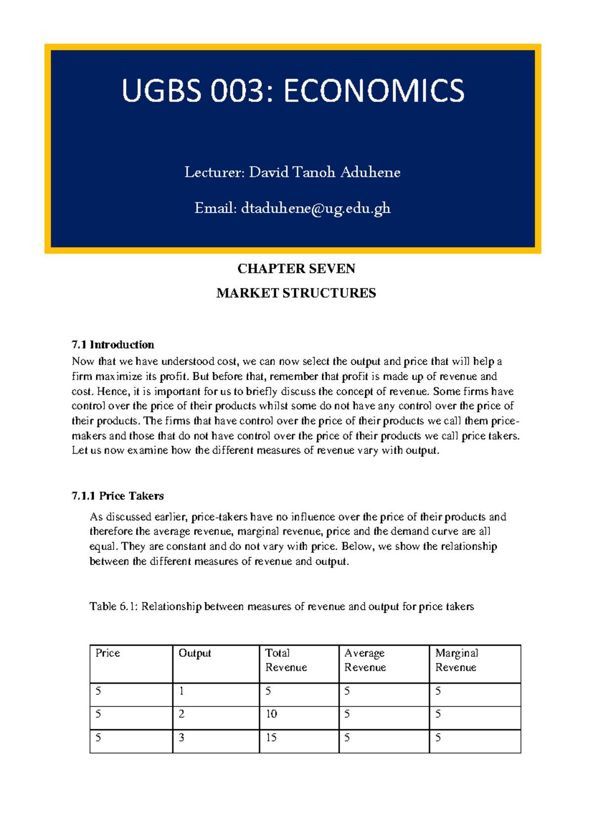 UGBS 003: Chapter 7 - Market Structures in Economics - Studocu