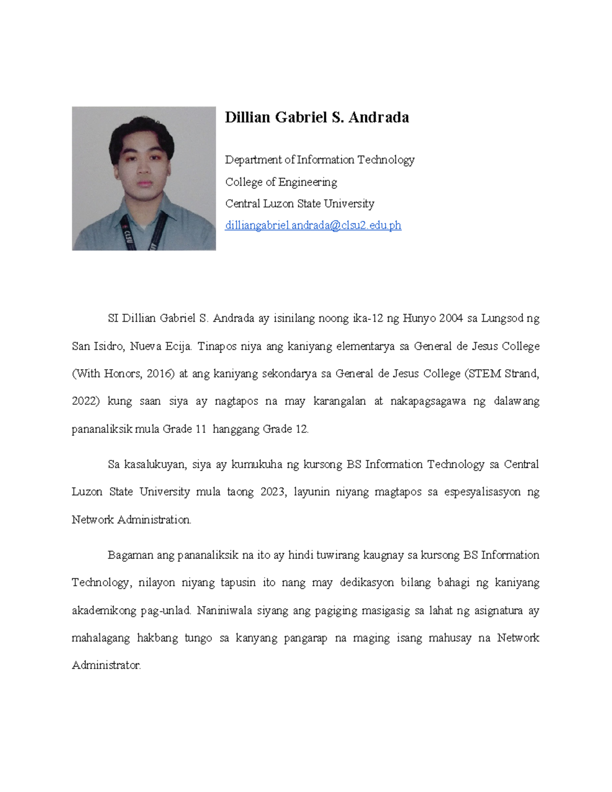 Andrada Biography - Dillian Gabriel S. Andrada Department of ...