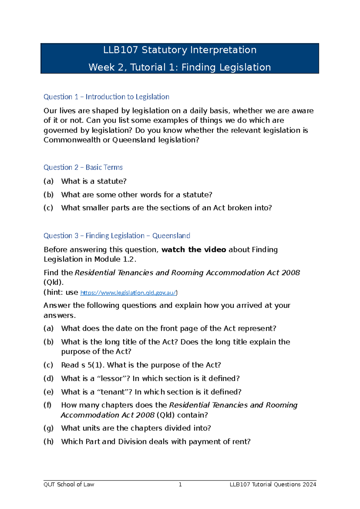 LLB107 Week 2 Tutorial 1: Statutory Interpretation Questions - Studocu