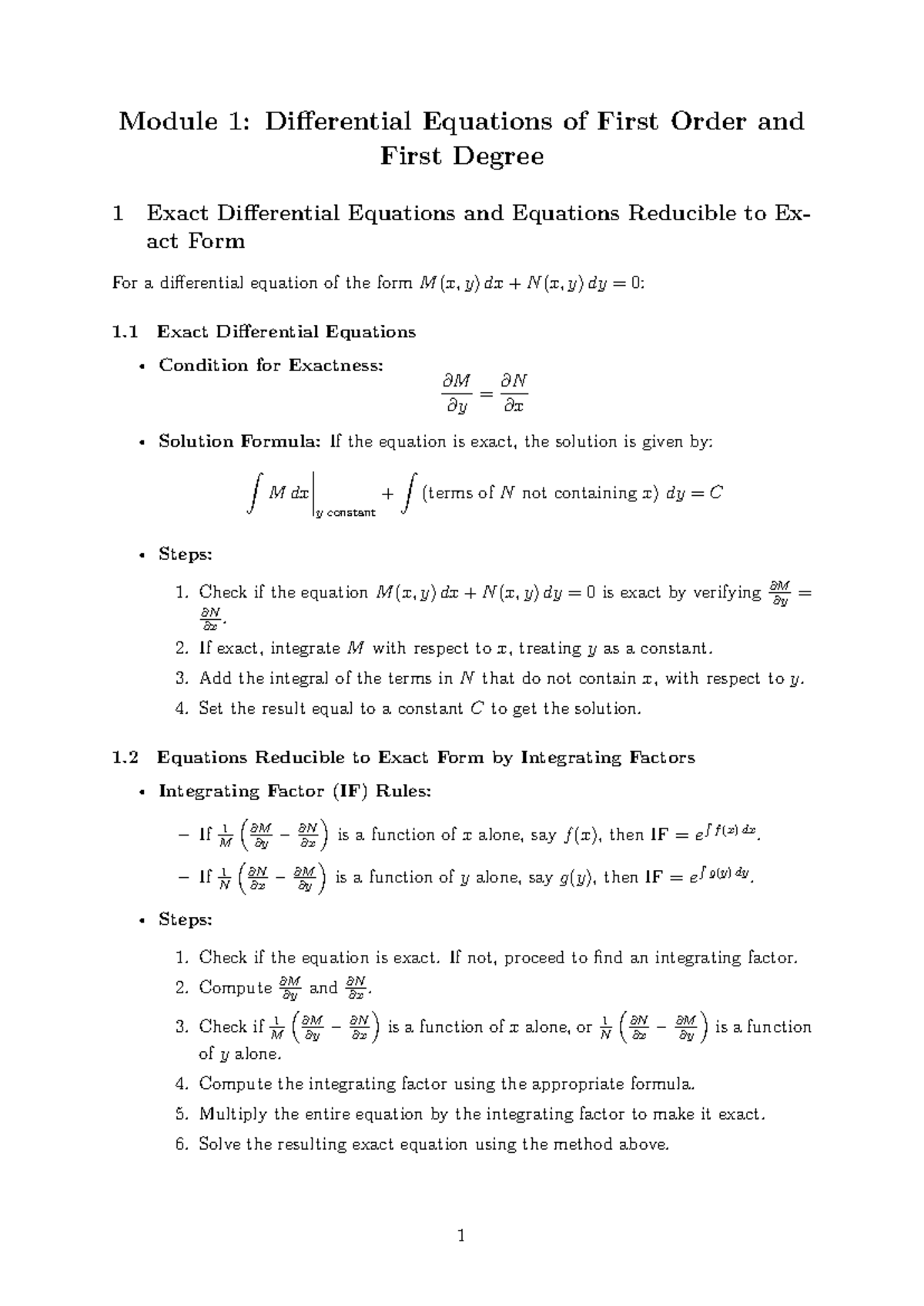 Module 1: First Order Differential Equations & Exact Solutions - Studocu